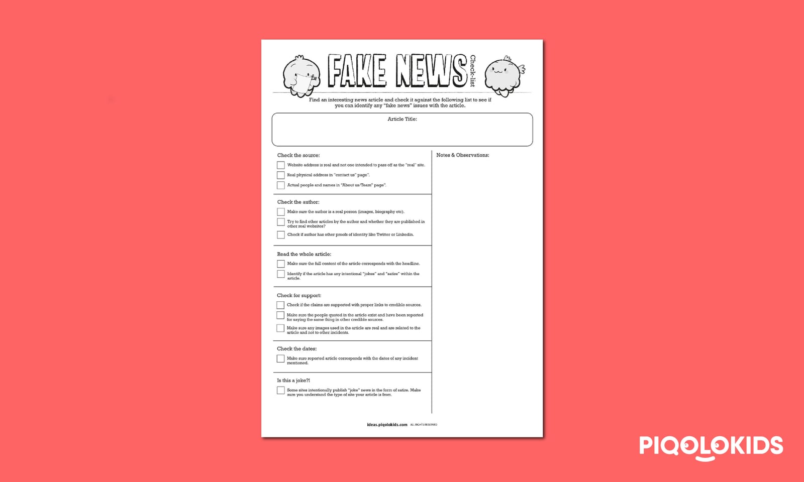 Fake News Checking Check-list: Creative Printable Activity for Kids